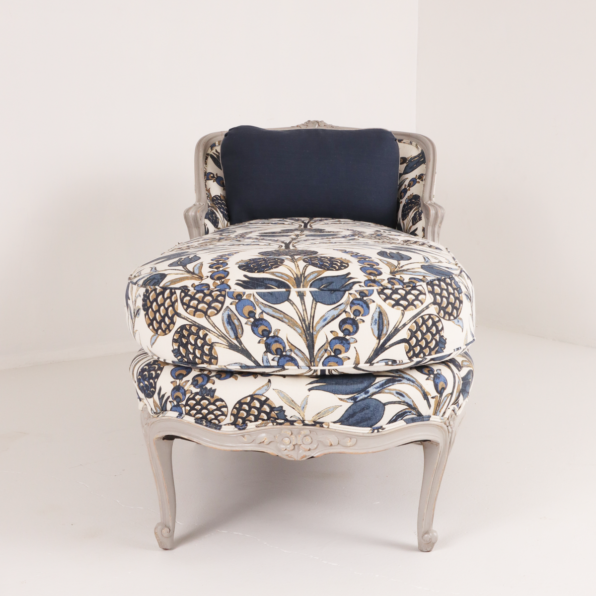 French Antique Chaise Lounge in Thibaut Cornelia Navy Fabric – English ...
