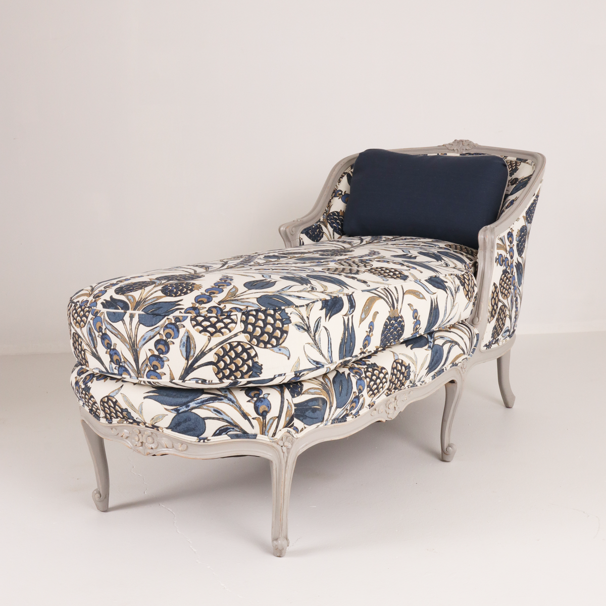 French Antique Chaise Lounge in Thibaut Cornelia Navy Fabric – English ...